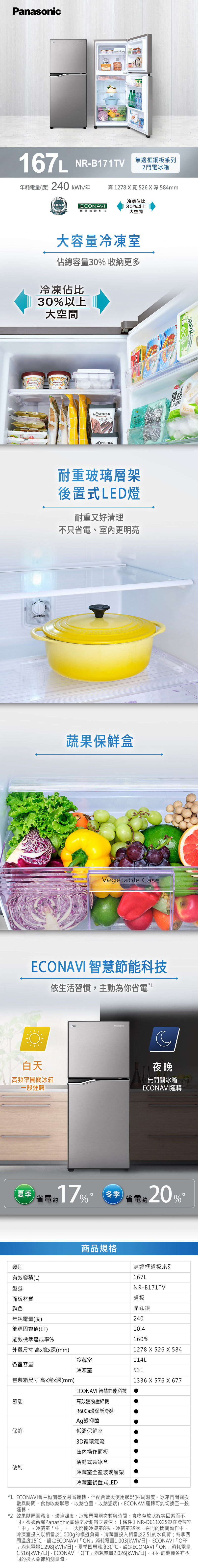 Panasonic 167公升雙門變頻冰箱-銀 NR-B171TV-S1
